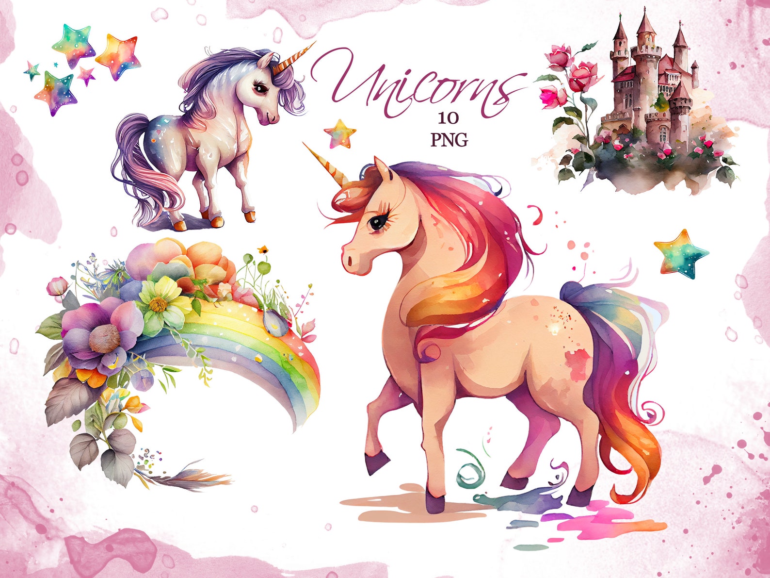 Unicorns Watercolor Clipart, Nursery Decor, Castle, Rainbow, Instant ...