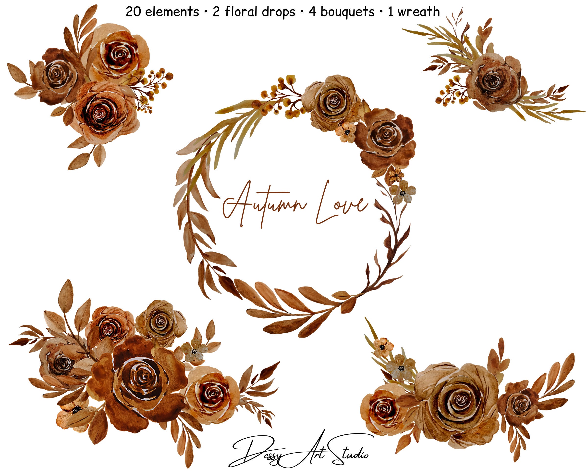 Watercolor flowers Clipart Golden brown Roses Aquarelle Clip | Etsy