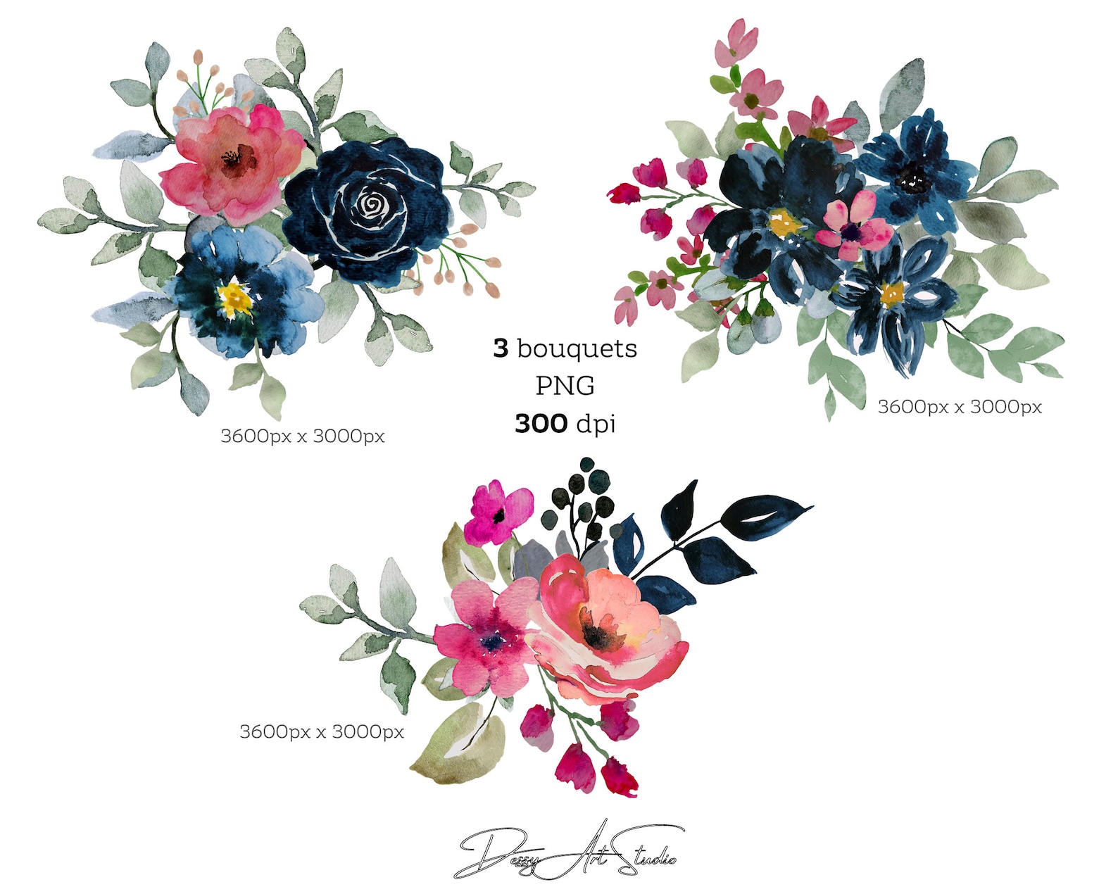 Watercolor Flowers Clipart Pink & Navy Wedding Flowers - Etsy