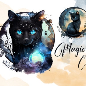 Watercolor Black Cat, Clip Art, Magic Kitty, Moon, Mystical Clipart ...