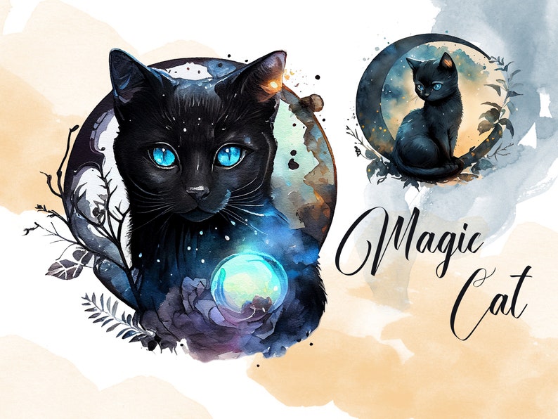 Watercolor Black Cat Clip Art Magic Kitty Moon Mystical - Etsy