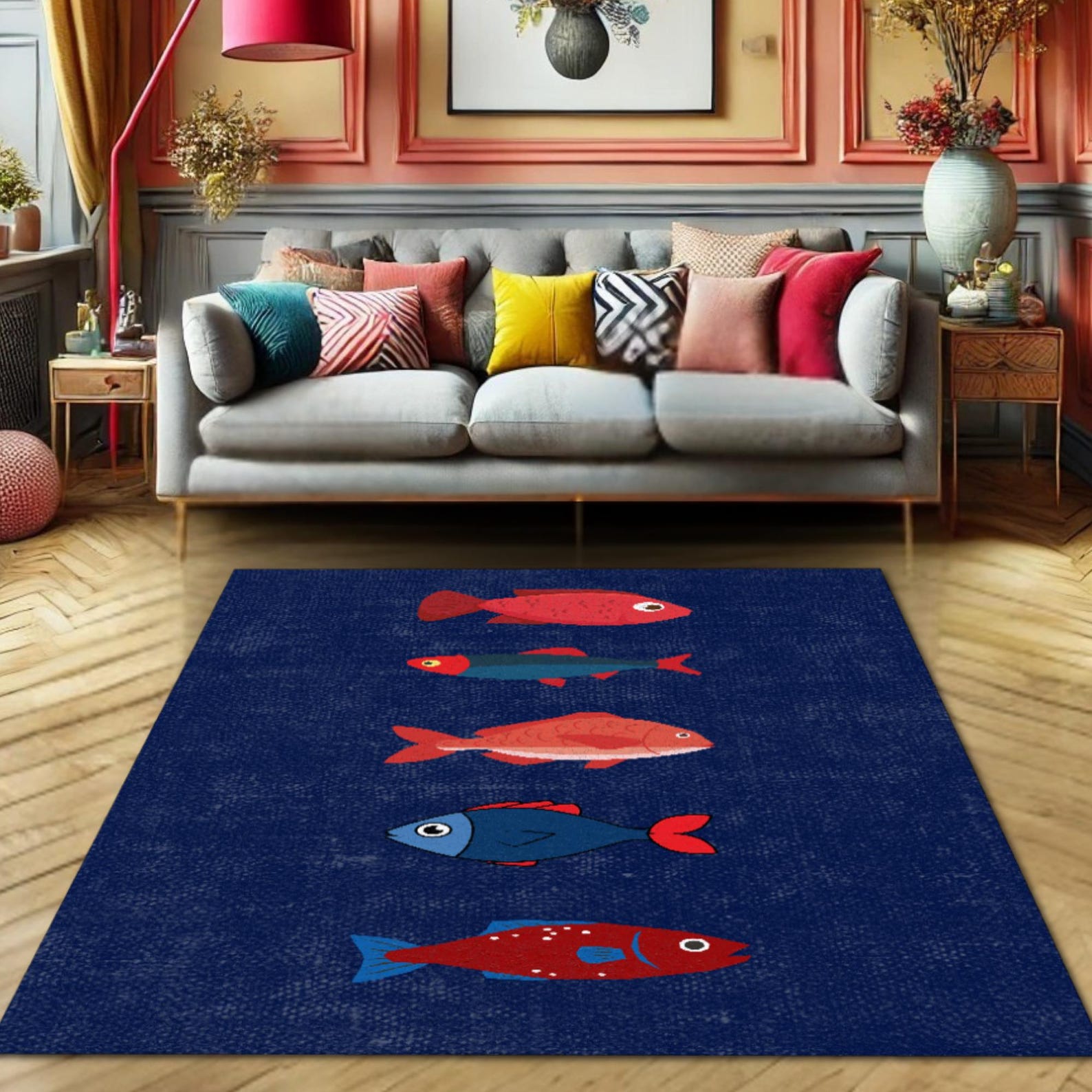 Deep Blue Fish Rug, Nautical Fish Print Rug, Ocean Themed Digital Art ...