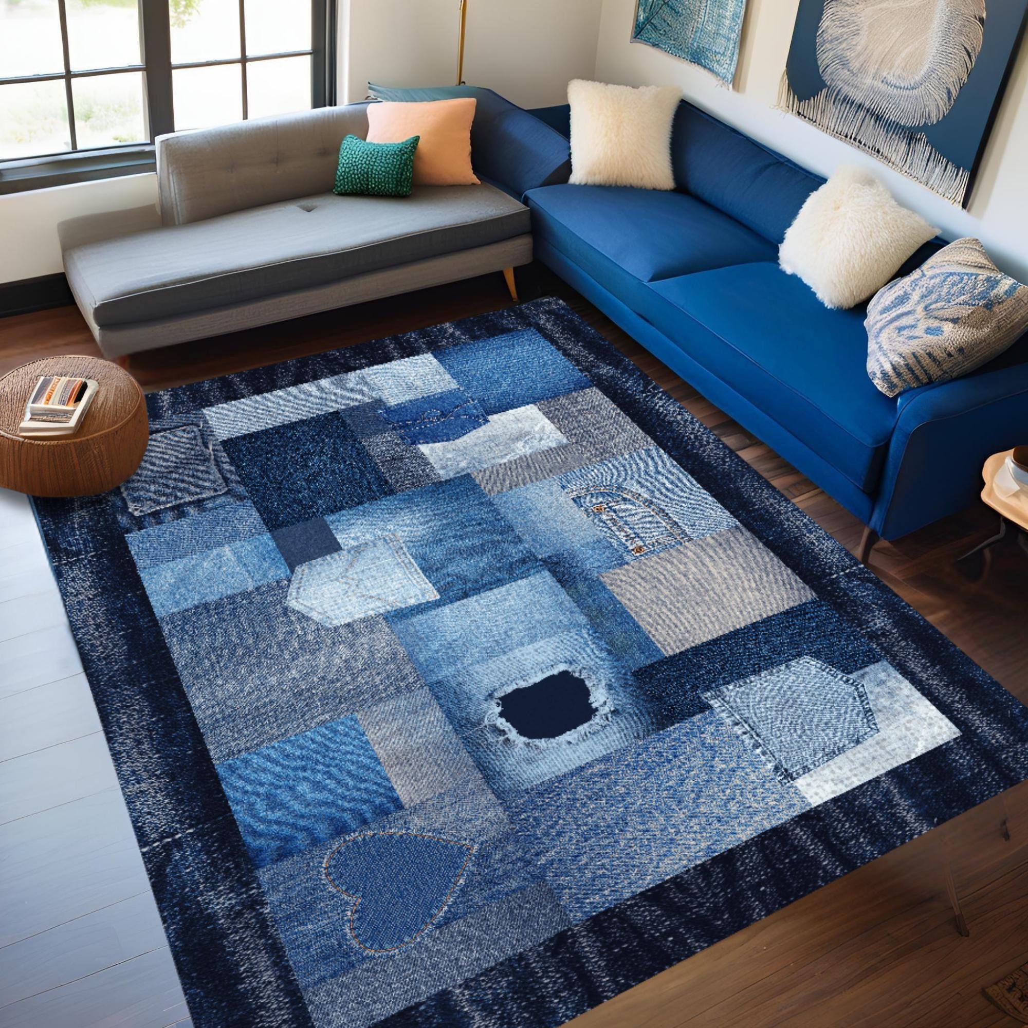Stylish Denim Look Area Rug, Vintage Denim Patchwork Printed Rug, Jeans ...