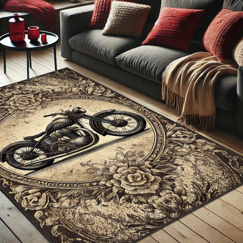 Vintage Motorcycle Rug: Retro Biker Art, Floral Accents - Etsy