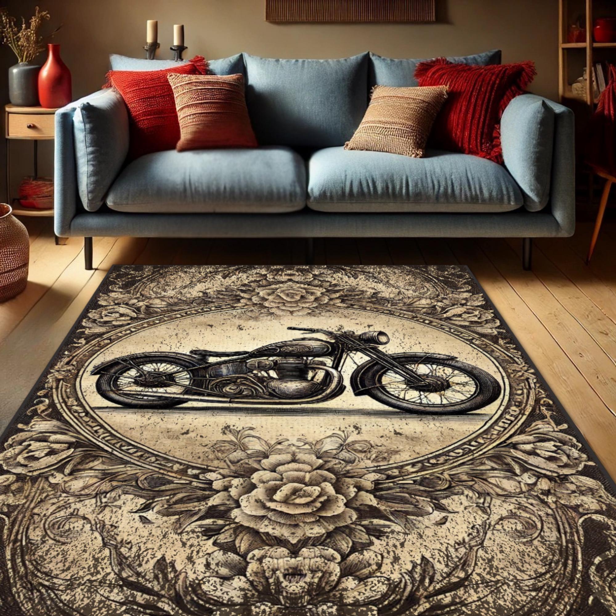 Vintage Motorcycle Rug: Retro Biker Art, Floral Accents - Etsy