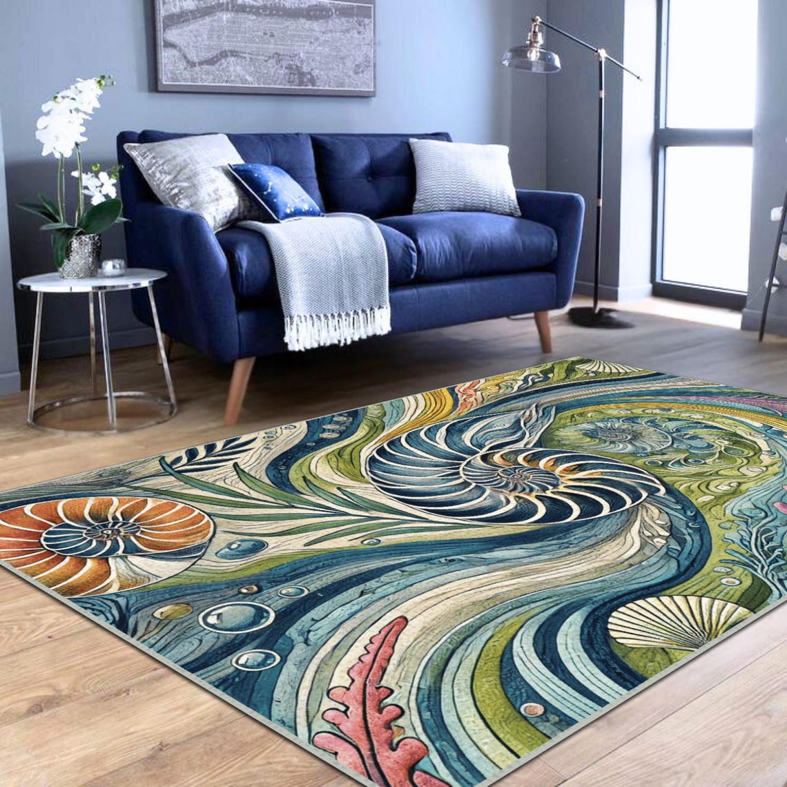 Nautilus Shell Rug: Vibrant Marine Life Art, Non-slip Woven Rug - Etsy