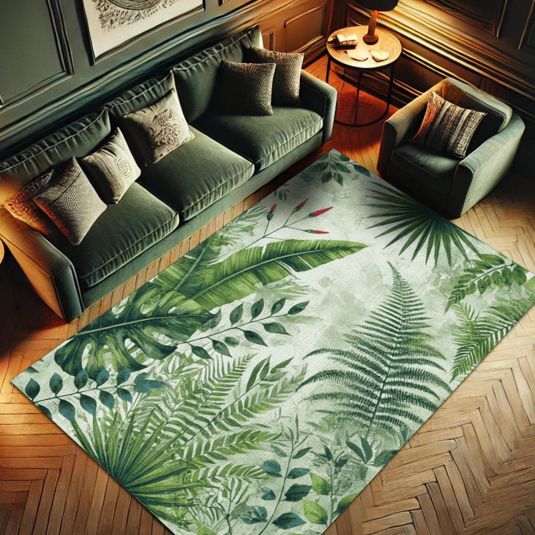 Green Tropical Jungle Rug, Jungle Themed Digital Printed Rug, Botanical ...