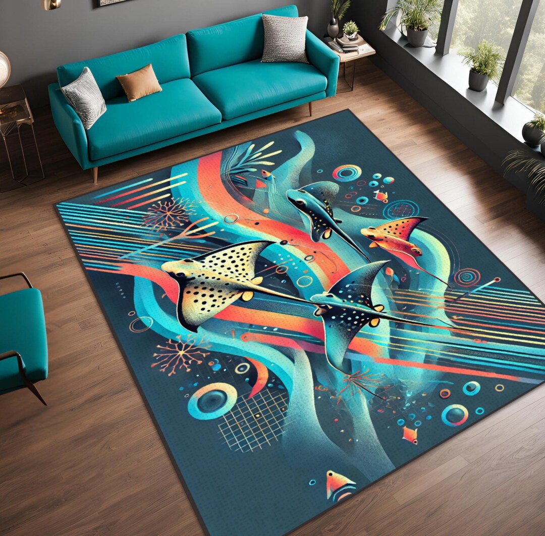 Stylish Stingray Figure Rug, Abstract Ocean Inspired Digital Printed ...