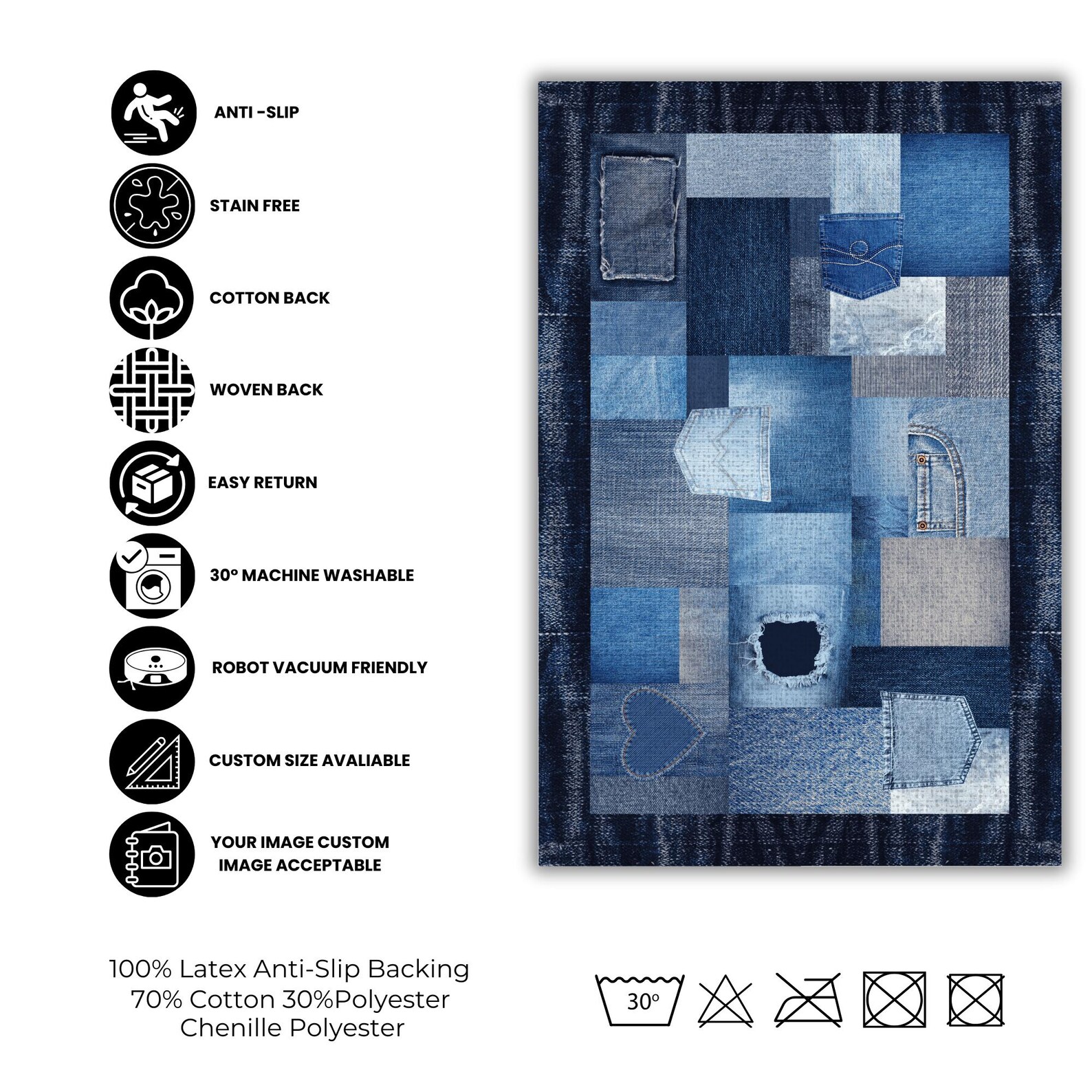 Stylish Denim Look Area Rug, Vintage Denim Patchwork Printed Rug, Jeans ...