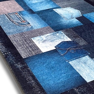 Stylish Denim Look Area Rug, Vintage Denim Patchwork Printed Rug, Jeans ...