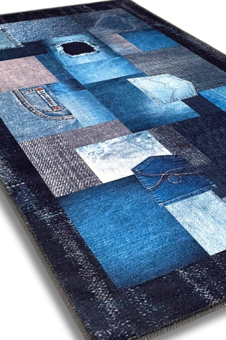 Stylish Denim Look Area Rug, Vintage Denim Patchwork Printed Rug, Jeans ...