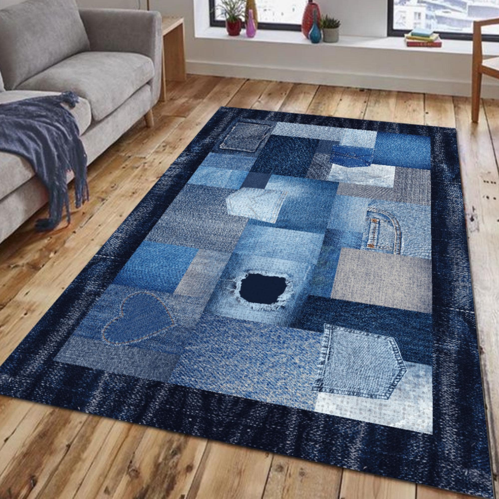 Stylish Denim Look Area Rug, Vintage Denim Patchwork Printed Rug, Jeans ...