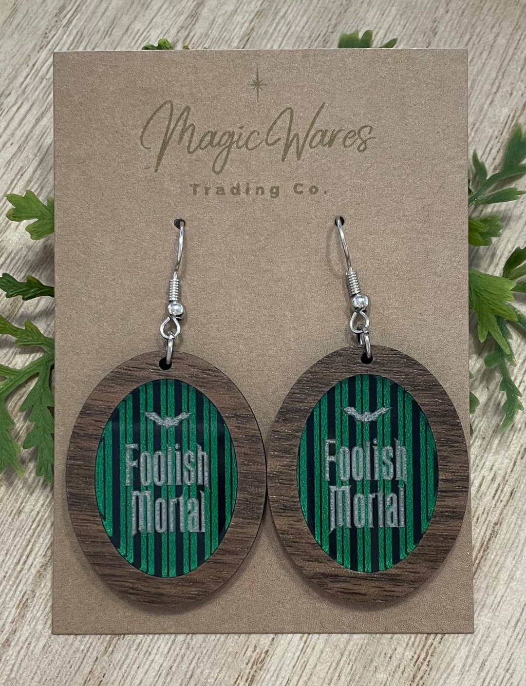 Foolish Mortal Wood Oval Earrings, Laser Cut Walnut and Engraved ...