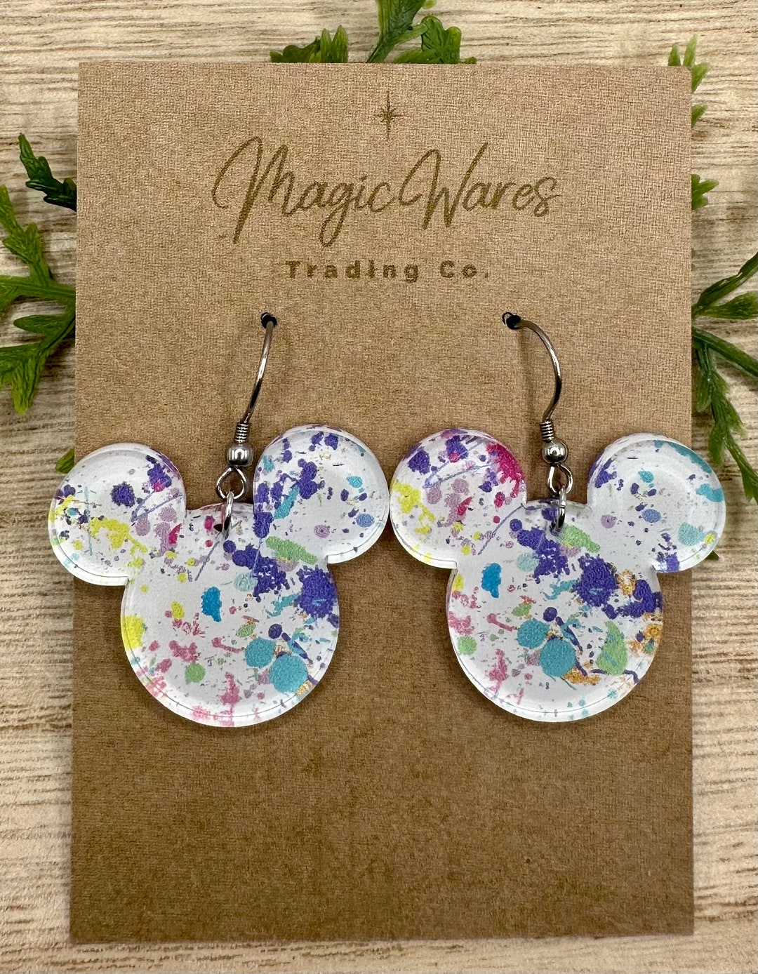 Festival of Arts, Mouse Head Dangle, Laser Cut Earrings, Paint Splatter ...