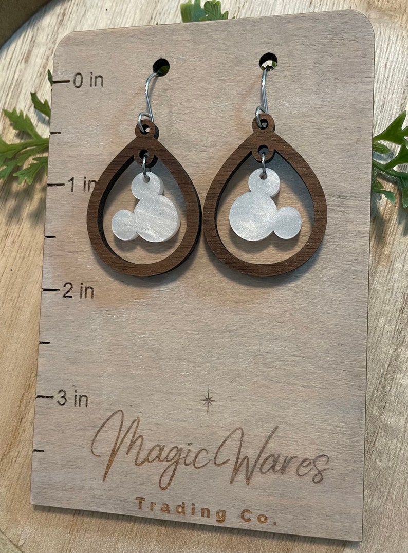 Pearl Mouse Gem, Gem Dangle Earring, Laser Cut Wood Dangle Earrings ...