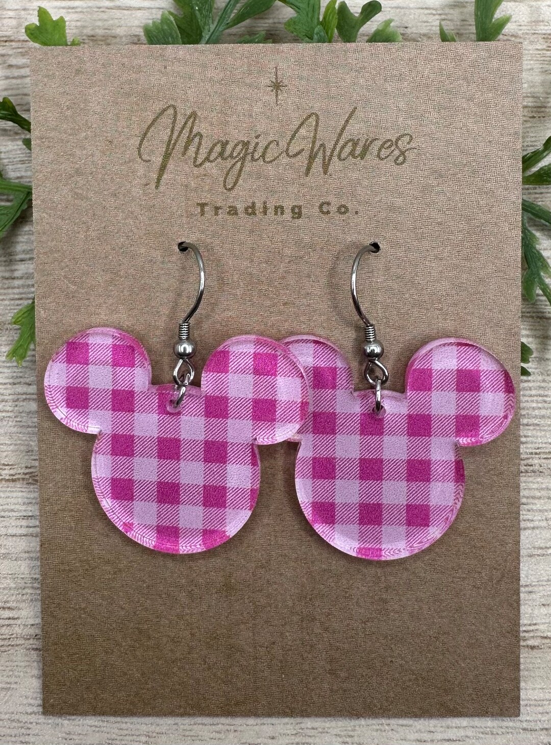 Pink Gingham, Mouse Head Dangle, Laser Cut Earrings, Pink Gingham Plaid ...