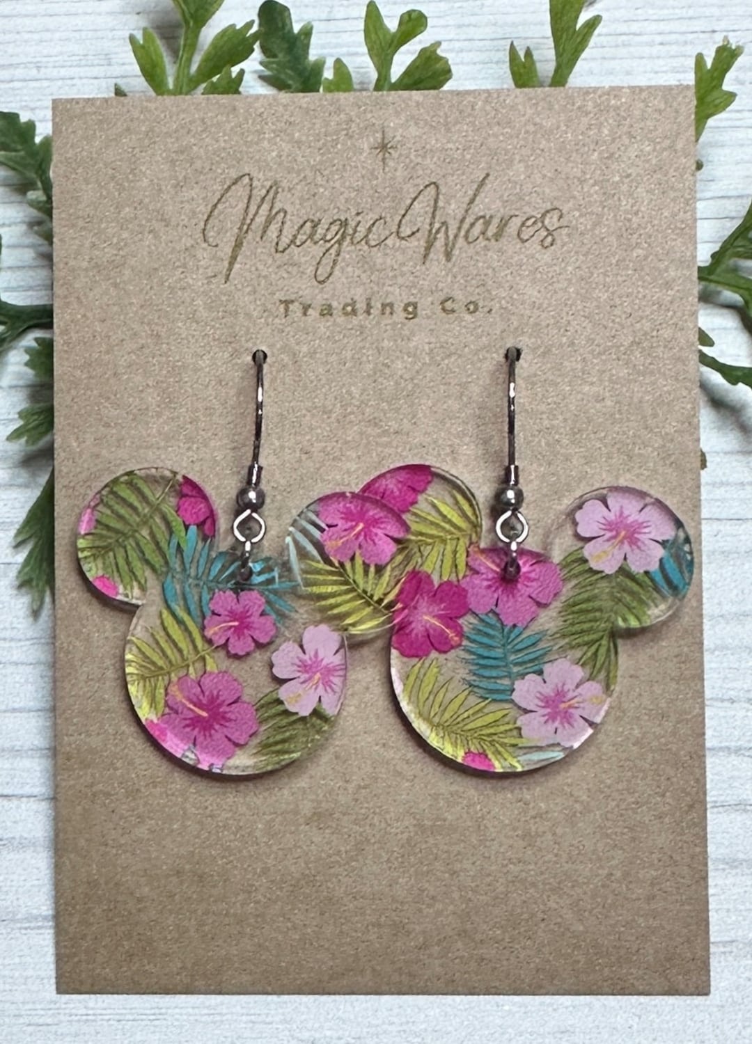 Pink Hibiscus Mouse Head Dangle Earrings, Laser Cut Pink Hawaiian ...