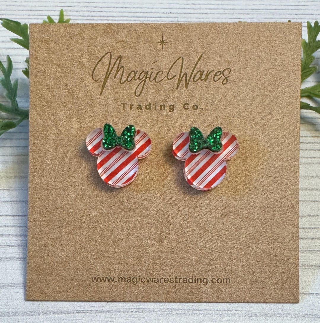 Candy Cane Stripe Mouse Head Stud Earrings: Green Glitter Bow ...