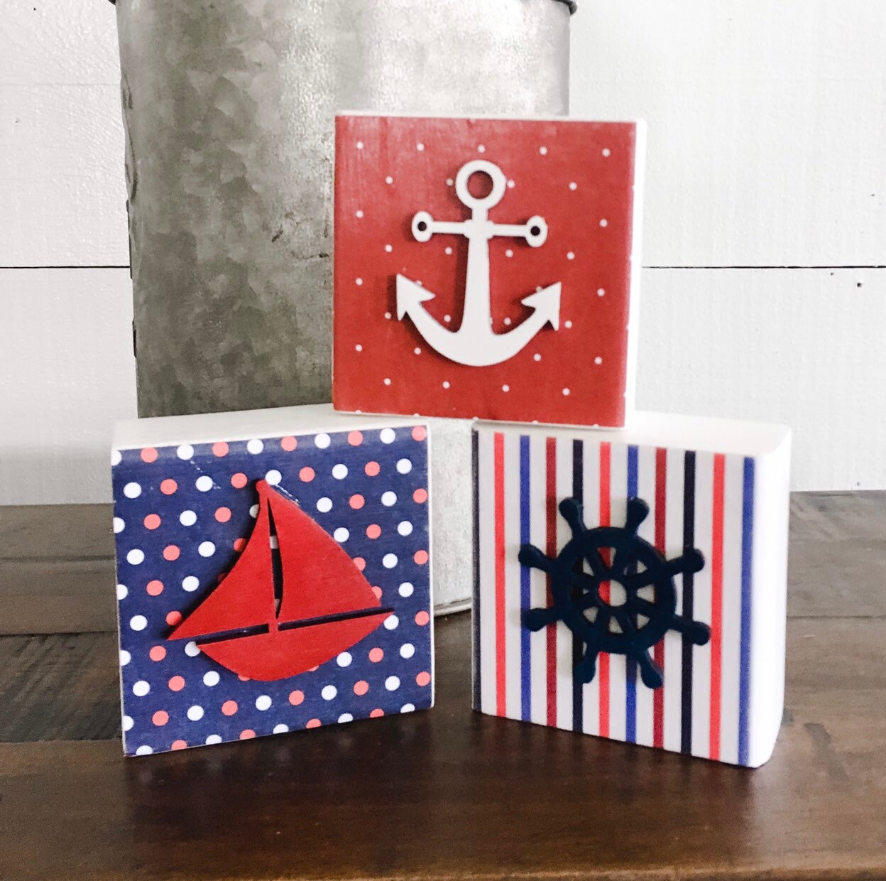 Nautical Block Trio Nautical Shelf Decor Patriotic Coastal - Etsy