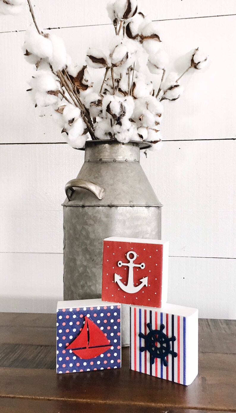 Nautical Block Trio Nautical Shelf Decor Patriotic Coastal - Etsy