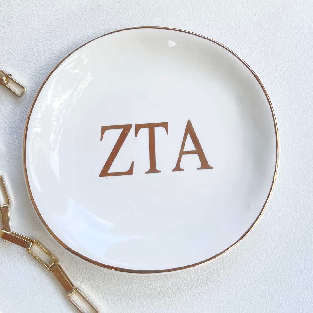 Zeta Tau Alpha Sorority Gold Trim Ring Pin Dish - Trinket Tray - Bid ...