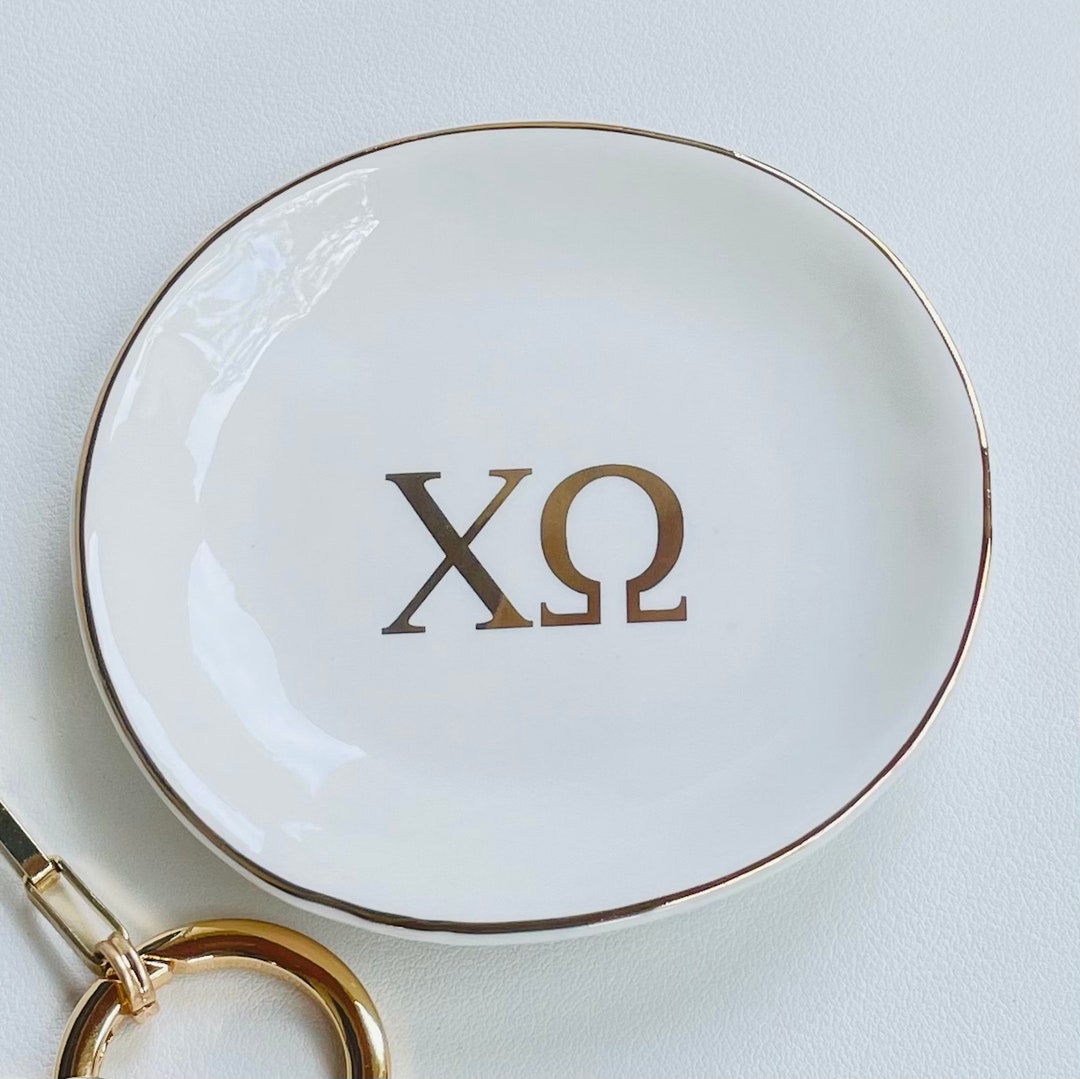 Chi Omega Sorority Ring Pin Gold Trim Dish - Trinket Tray - Bid Day ...