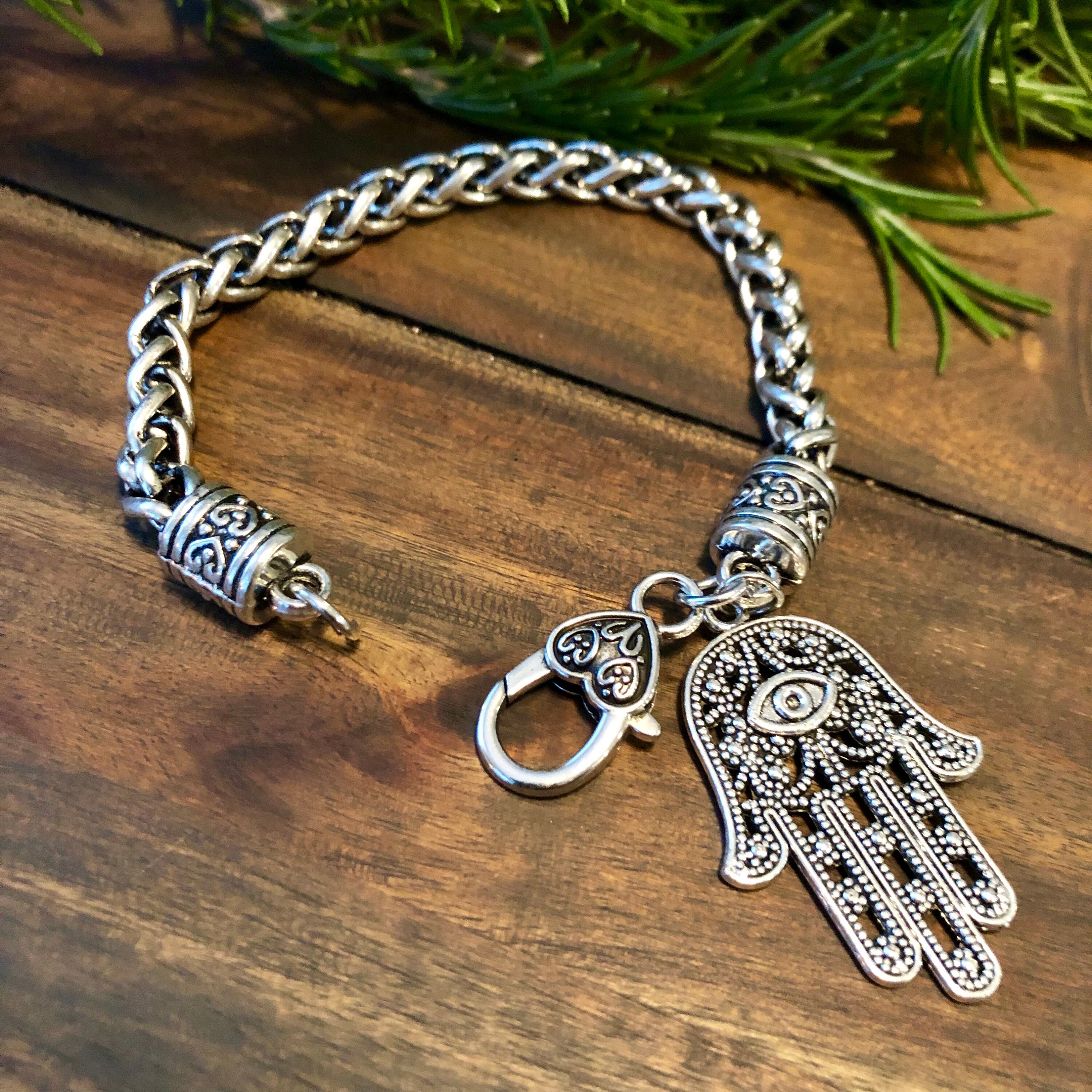 Sterling Silver Hamsa Palm Link Chain Bracelet