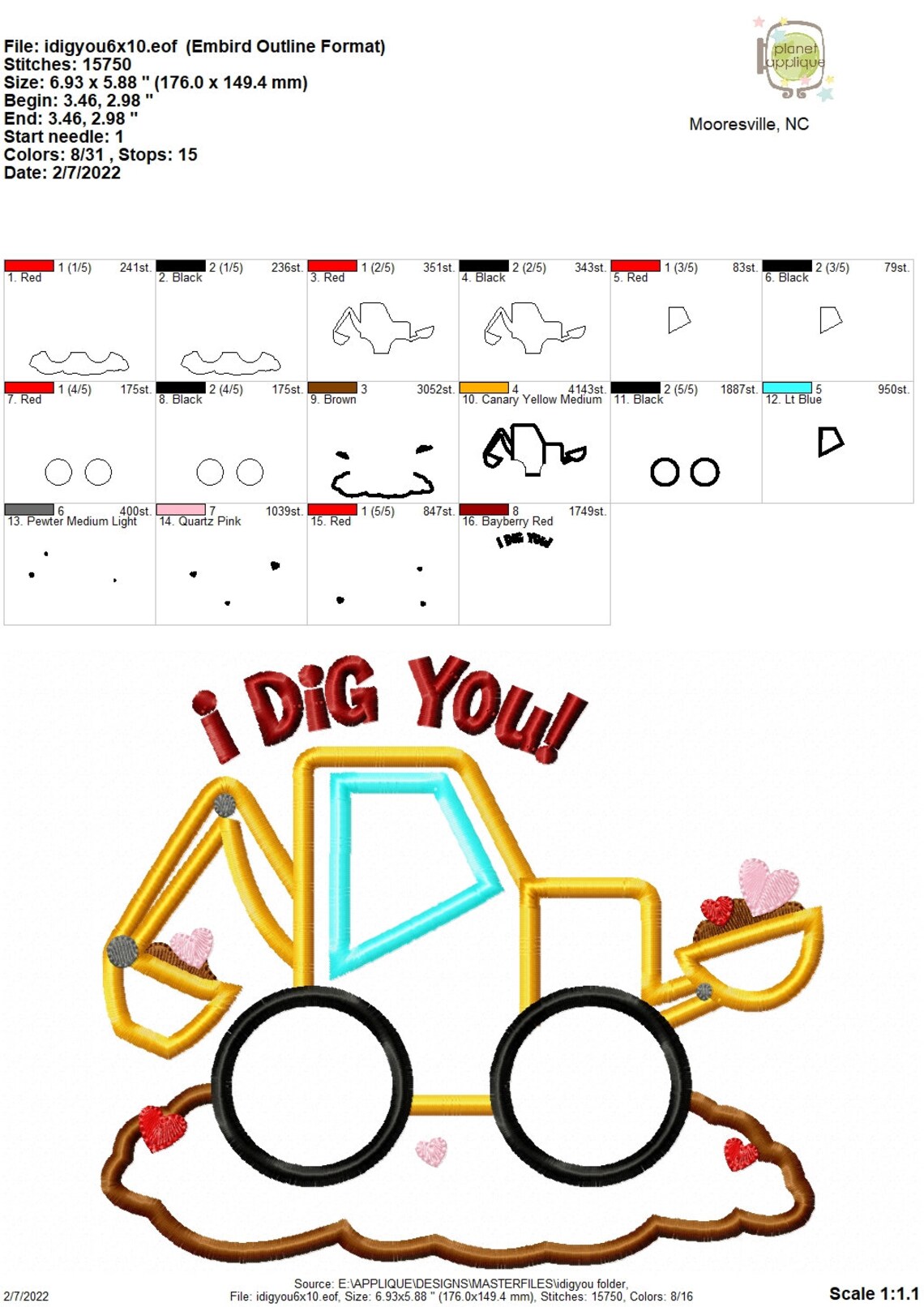 Excavator I Dig You Heart Applique Machine Embroidery Design Valentines ...