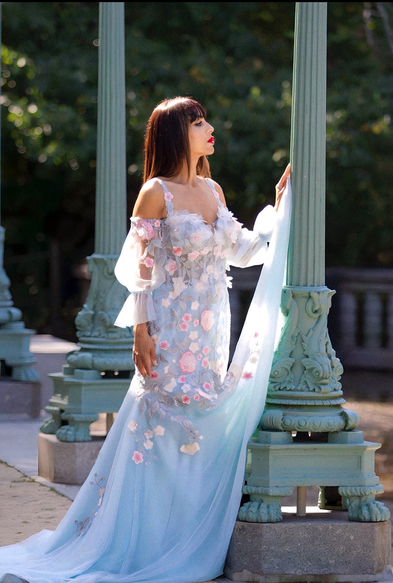 Teal Embroidered Floral Evening Dress - Etsy