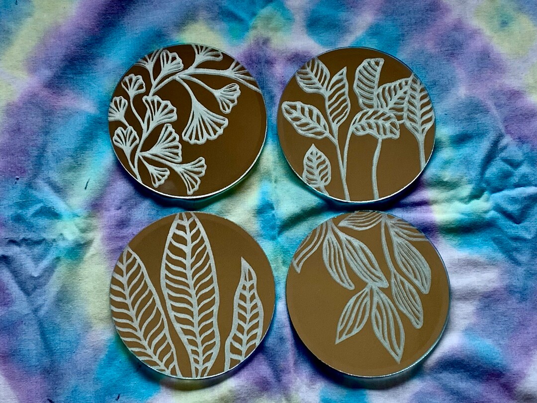Coaster Set of 4 Leaves Circle Sandblasted Mirror Coaster Set Handmade ...