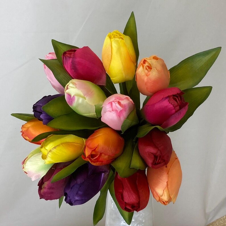 18 Assorted Tulips Posy Bouquet Artificial Silk Mixed Vibrant ...