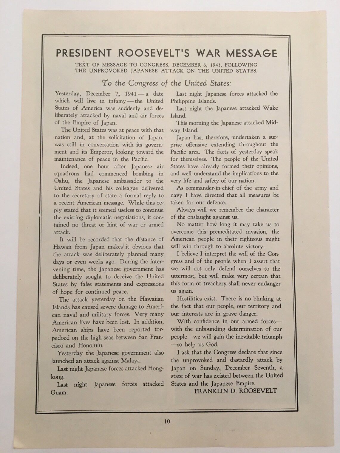 1940s WWII Declaration of War & Roosevelt's War Address - Etsy