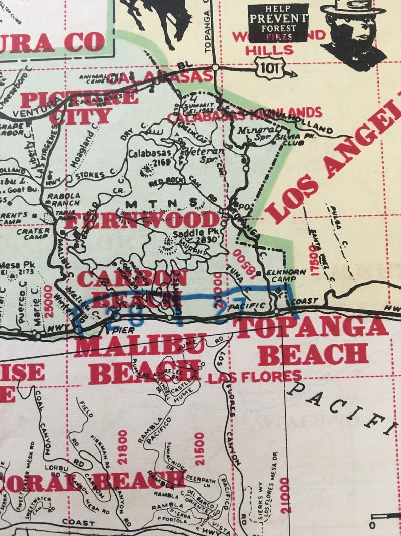 1950’s LA Map- Malibu, Pacific Palisades, Santa Monica- Vintage Road ...