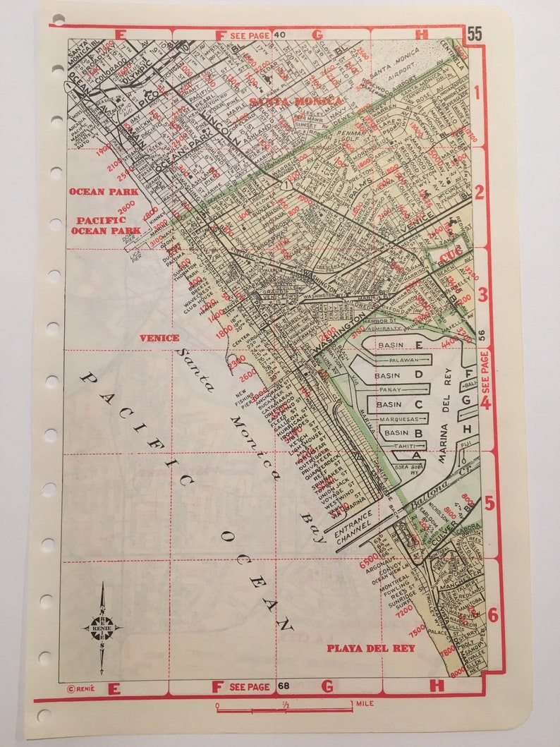 Vintage Santa Monica, Venice, Marina Del Ray, Playa Del Rey Map Vintage ...