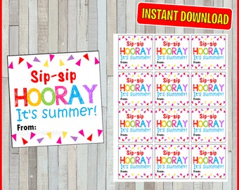 End of School Year Gift Tag, Sip Sip Hooray It's Summer Tag, Kids Tags ...