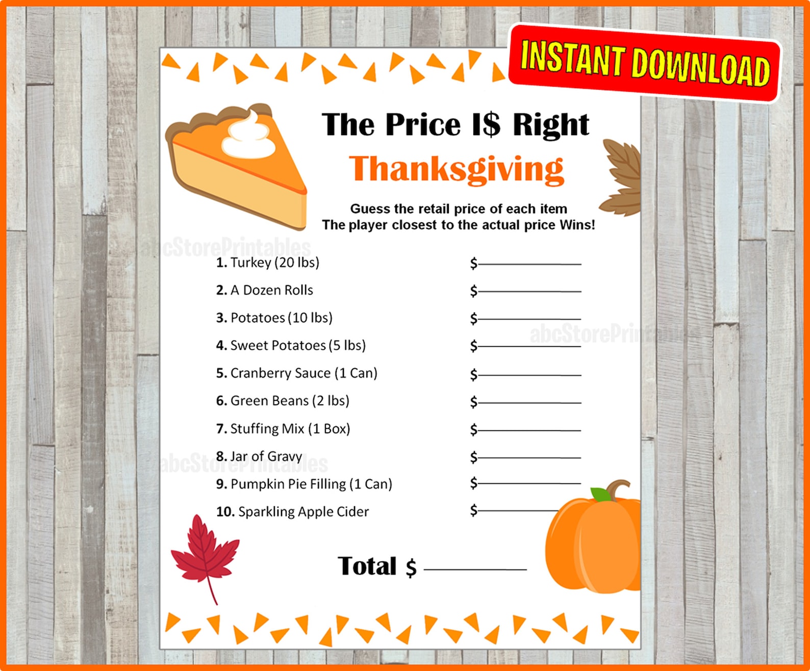INSTANT DOWNLOAD the Price is Right Printable Thanksgiving - Etsy