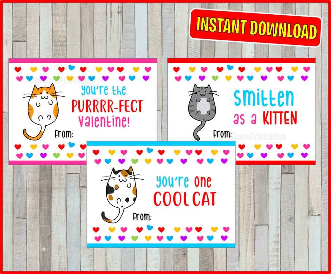 Printable Cat Valentine's Day Cards, Kitty Valentine Cards, You're One ...