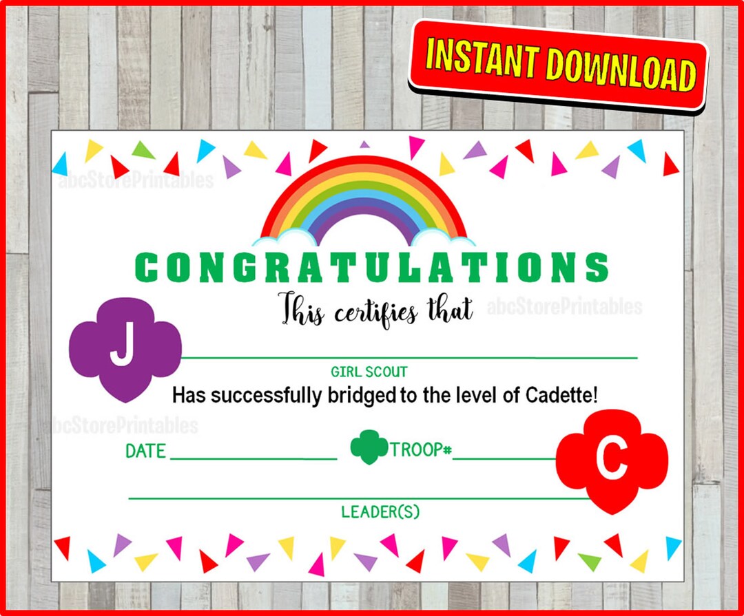Cadette Certificate, Girl Scout Bridging Certificate, Junior to Cadette ...