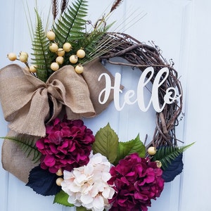Wreath With Hello Sign, Hydrangea Wreath for Front Door, Burgundy ...