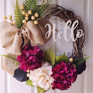 Wreath With Hello Sign, Hydrangea Wreath for Front Door, Burgundy ...