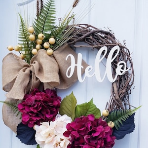 Wreath With Hello Sign, Hydrangea Wreath for Front Door, Burgundy ...