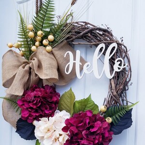 Wreath With Hello Sign, Hydrangea Wreath for Front Door, Burgundy ...