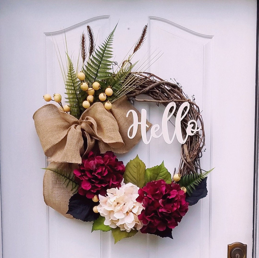 Wreath With Hello Sign, Hydrangea Wreath for Front Door, Burgundy ...