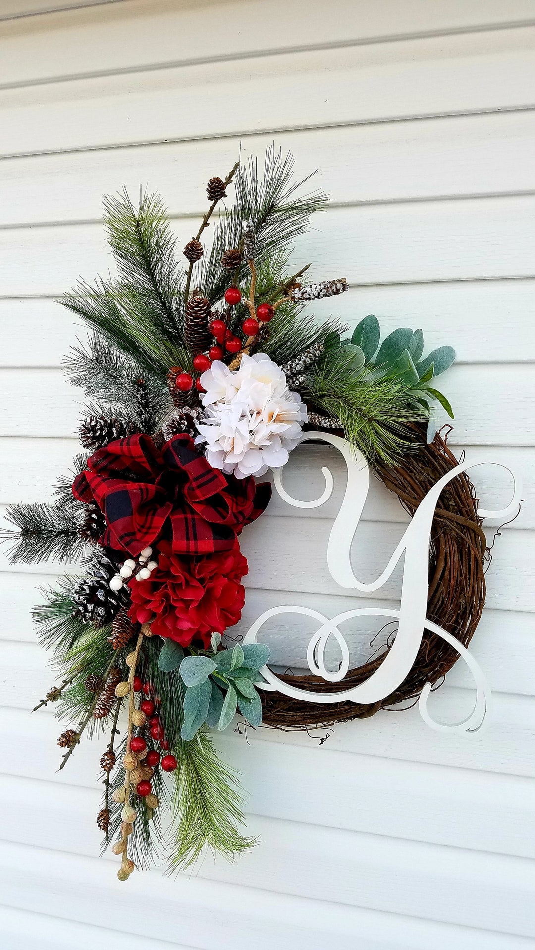 Monogrammed Wreath for Front Door, Christmas Wreath, Rustic Winter ...