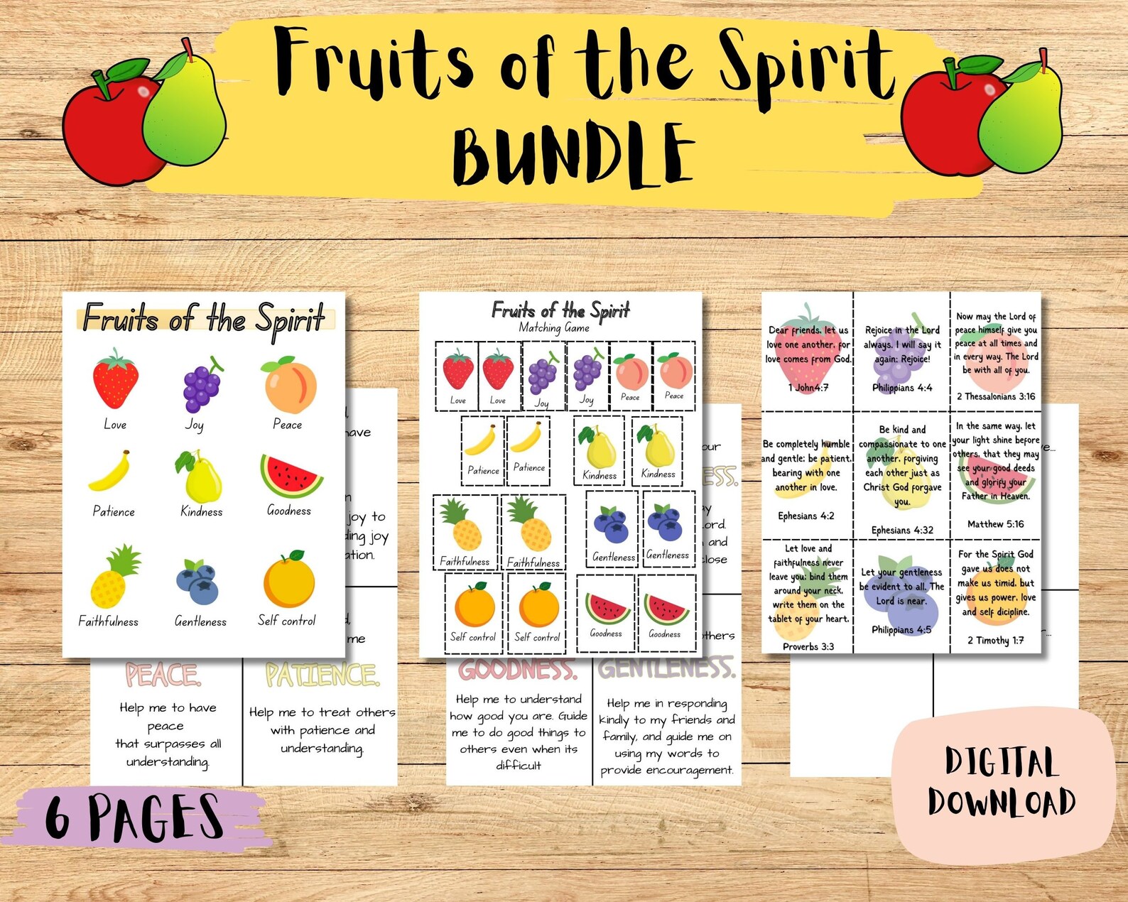 Fruits of the Spirit Bundle, Scripture Cards, Prayer Cards, Matching ...