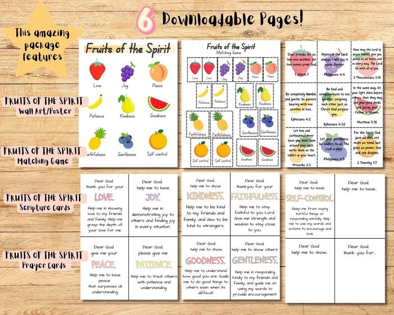 Fruits of the Spirit Bundle, Scripture Cards, Prayer Cards, Matching ...