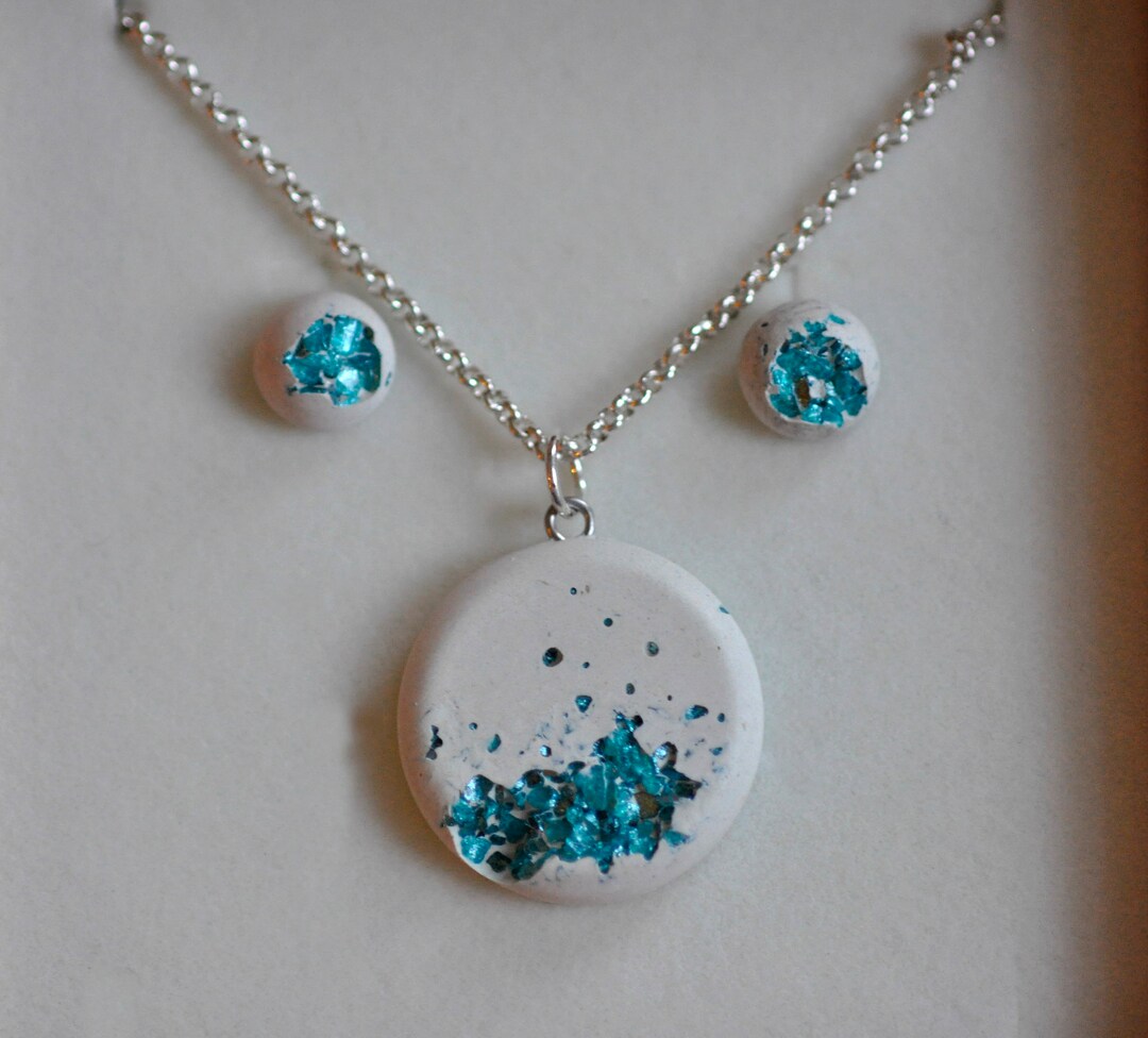 White Concrete Stud Earrings and Chain Jewelry Set Blue Glass Splinters ...