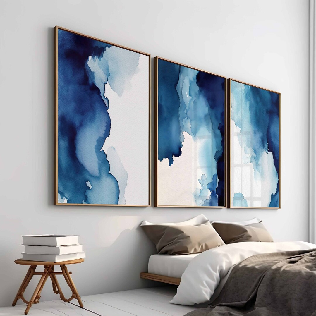 3er-Set Marineblaue Wand-Kunstdrucke Set Abstrakte Aquarell Kunstdrucke Trendige Tinte ...