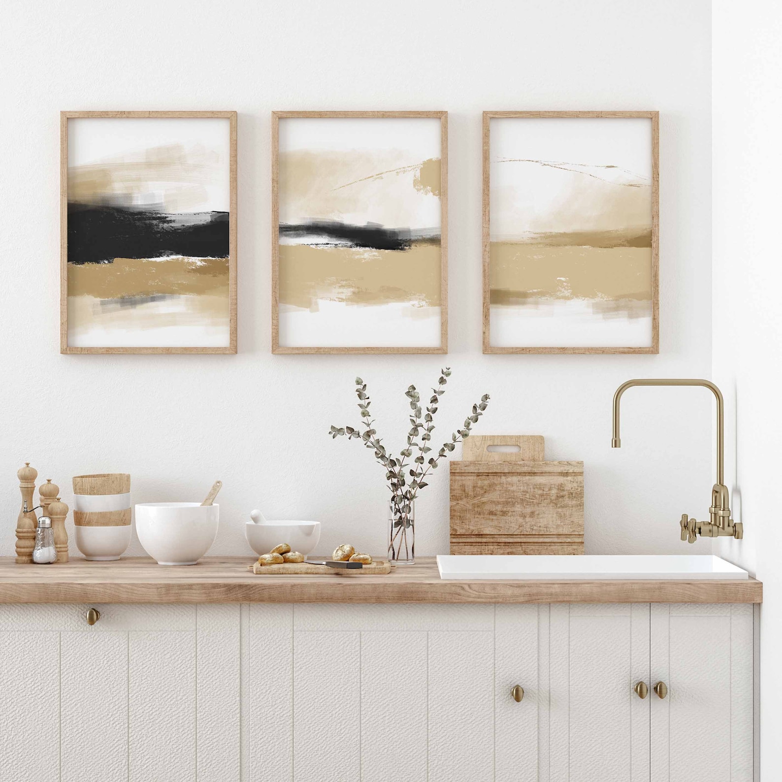 Modern Minimal Neutral Gallery Wall Art Set of 3 Black and Beige ...