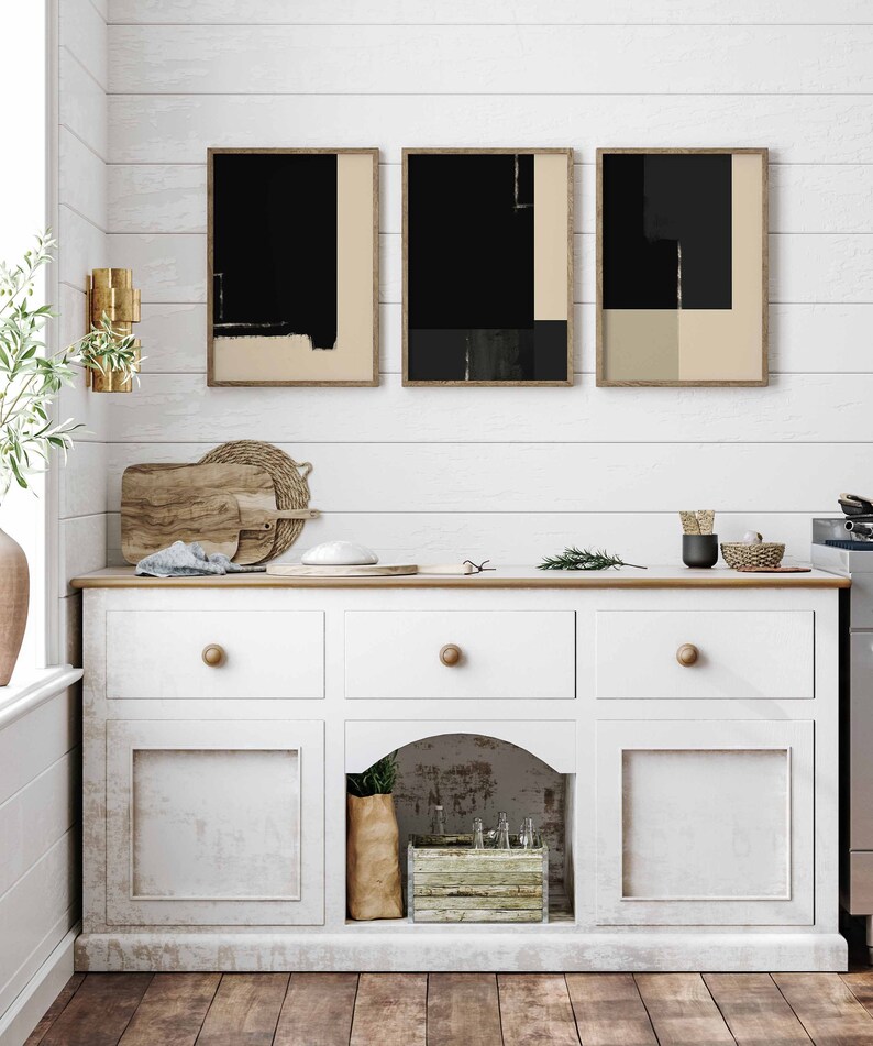 Modern Contemporary Simple Gallery Wall Art Set of 3 Abstract Art Black ...